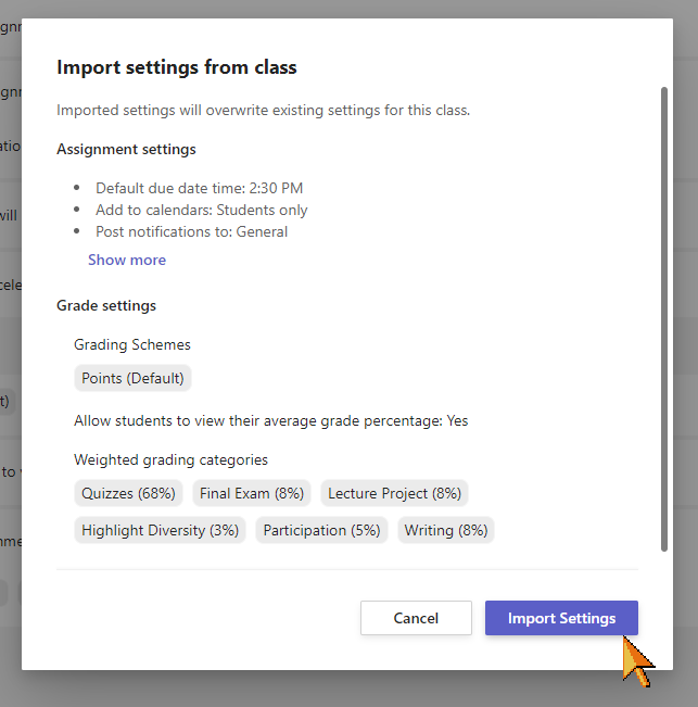 Assignment settings import from another class | Hendrix College