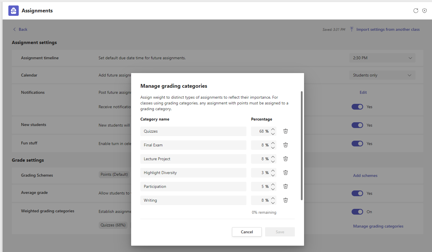 Assignment settings import from another class | Hendrix College